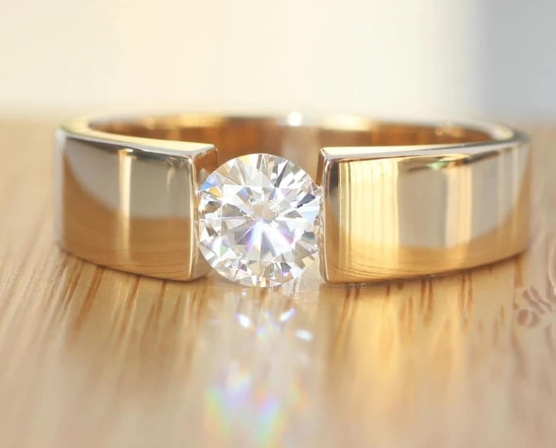 14k Yellow Gold Solitaire Ring, Tension Set Round Cut Moissanite ...