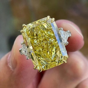 Canary Yellow Radiant With Trillion Cut Diamond Ring, 925 Silver Three ...