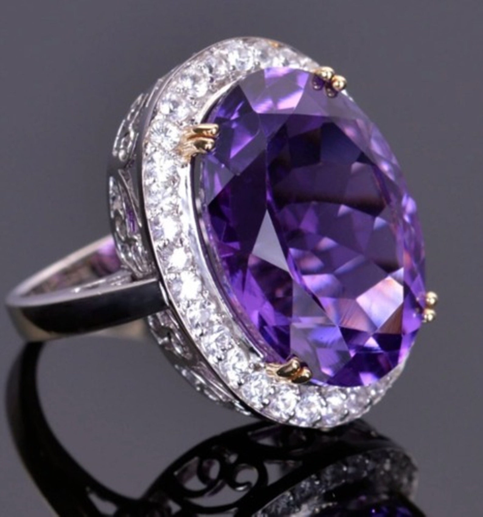 Elegant Purple Oval Cut CZ Diamond Ring Two Tone Halo Ring - Etsy