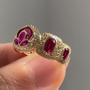 Multi Shape Ruby CZ Stone Ring, Antique Art Deco Engraved Ring ...