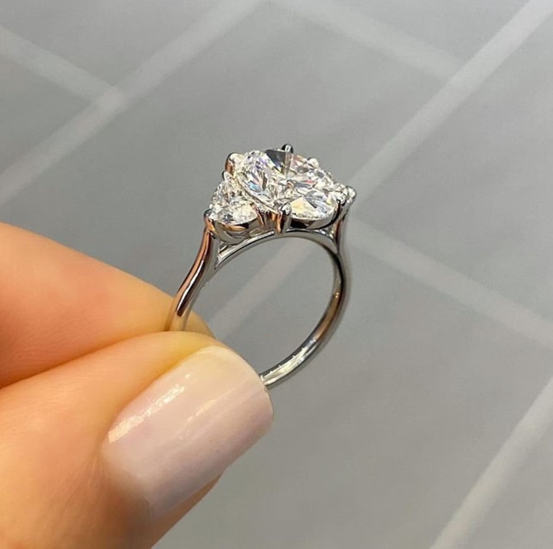 Colorless Oval and Trillion Cut CZ Stone Ring, Three Stone Wedding ...