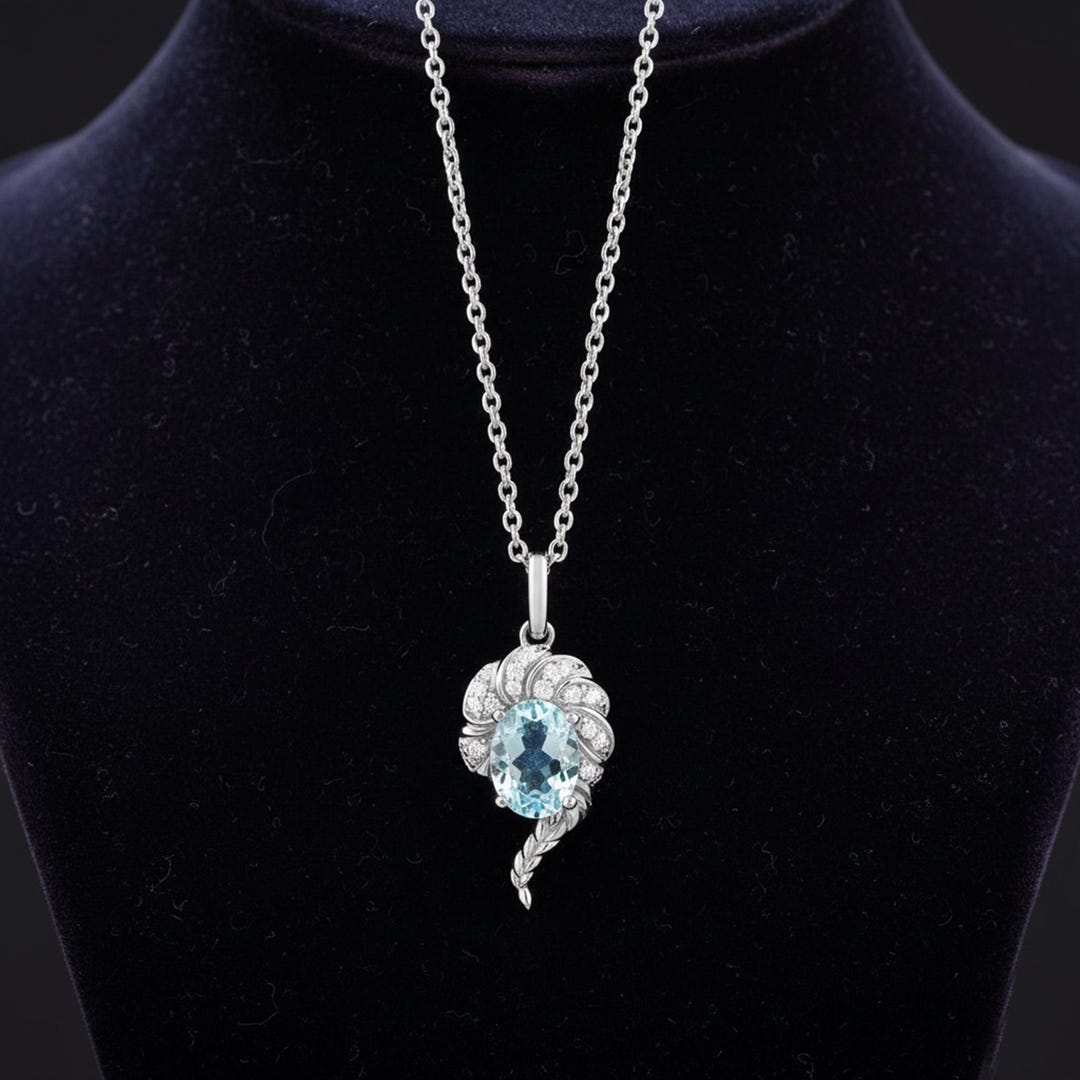 Elsa Inspired Necklace, 18k White Gold Aquablue Oval Cut CZ Stone ...