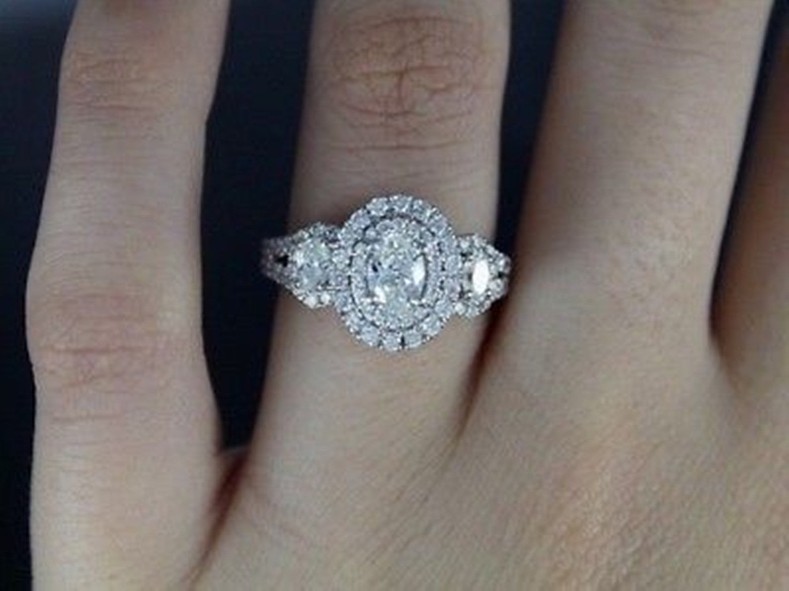Center Oval With Double Halo Set Diamond Ring Split Shank - Etsy