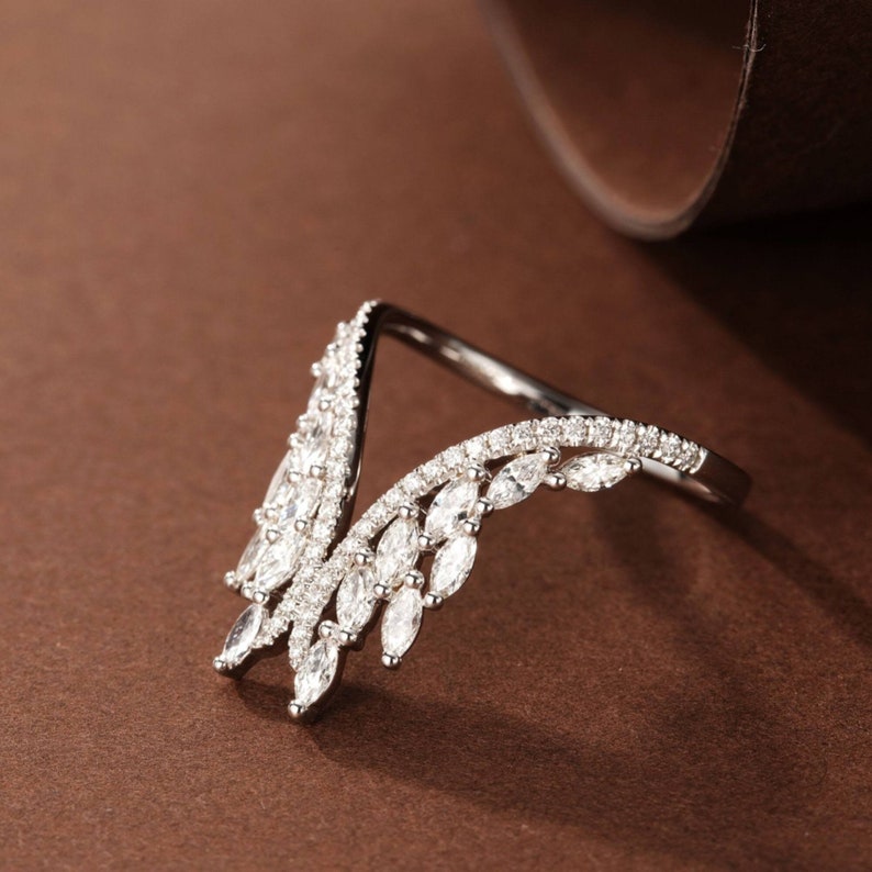 Deep V Shape Crown Inspired Ring, Marquise and Round Cut Moissanite ...