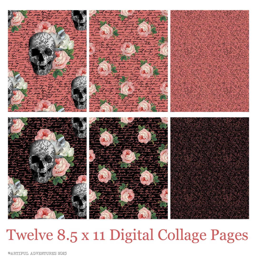 Skulls and Roses Digital Collage Papers - Etsy