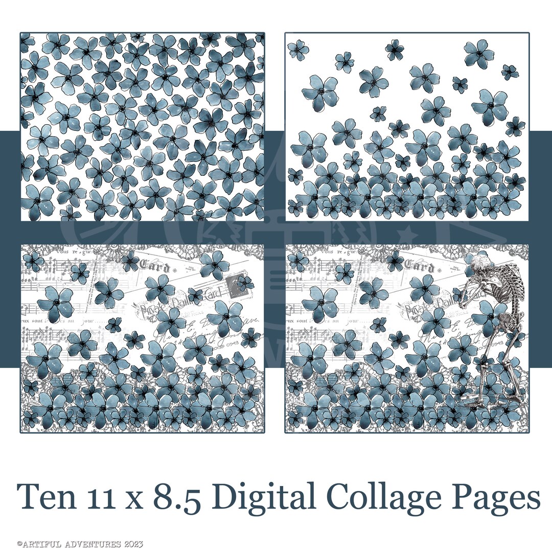 Blue Watercolor Flowers Didgital Collage Papers - Etsy