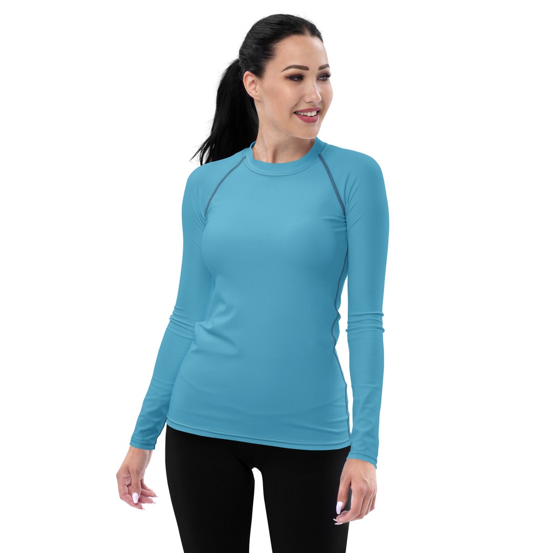 Ocean Blue Solid Long Sleeve Rash Guard Sun Protection Pullover Beach ...