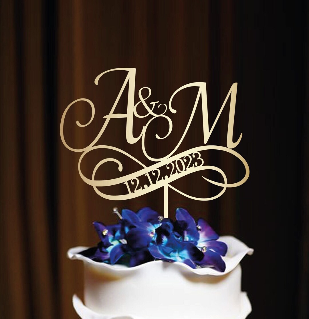 Gold Monogram Wedding Cake Topper: Personalized Initials & Date - Etsy