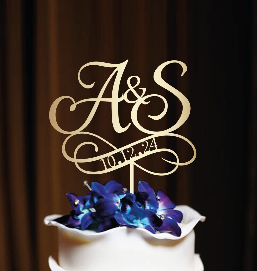 Gold Monogram Wedding Cake Topper: Personalized Initials & Date - Etsy
