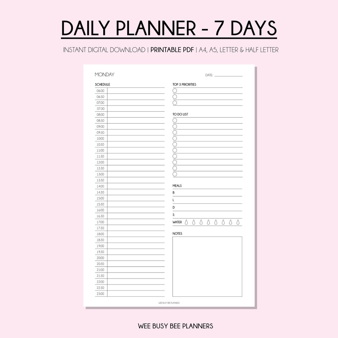 Daily Planner Printable, 7 Day Planner, Instant Download PDF, Day a ...