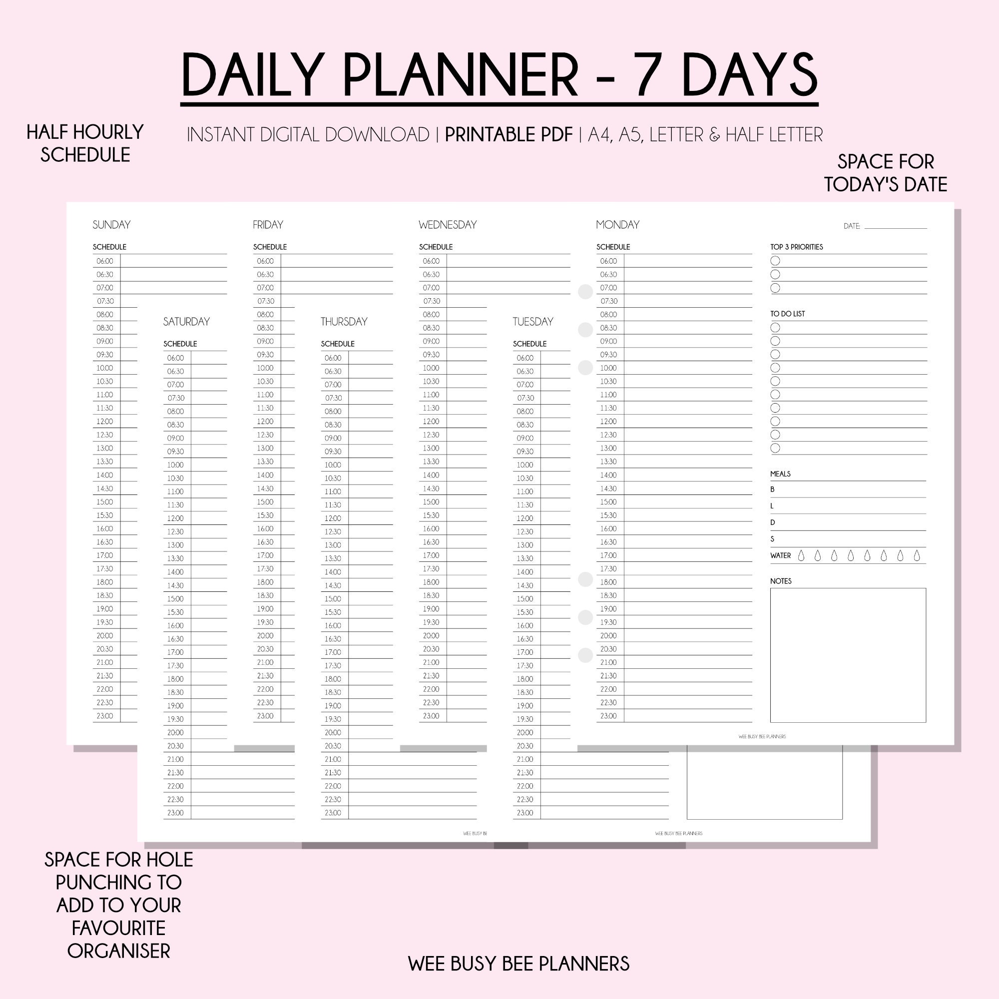 Daily Planner Printable, 7 Day Planner, Instant Download PDF, Day a ...