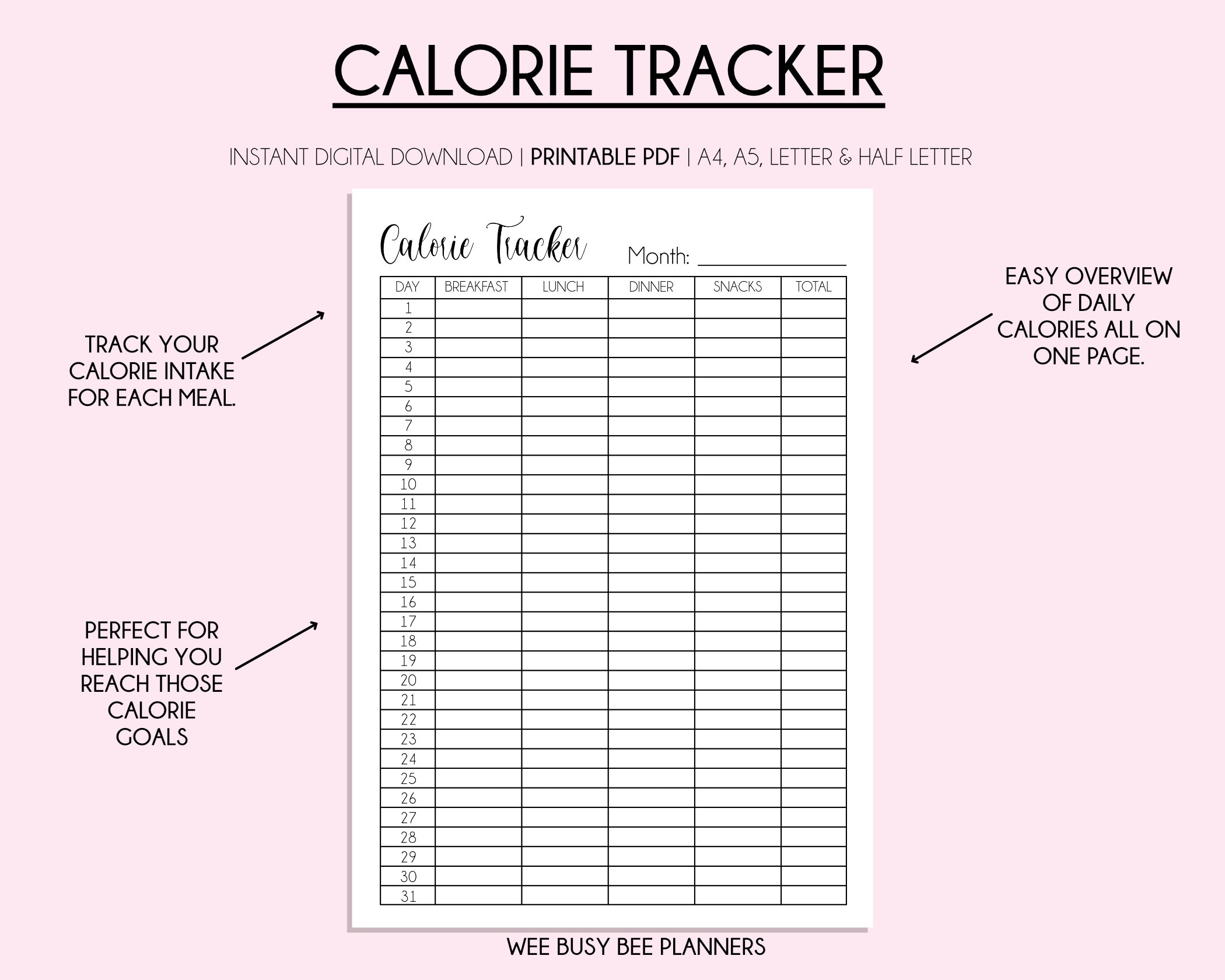 Calorie Tracker, Printable Planner, Monthly Calorie Counting, Digital ...
