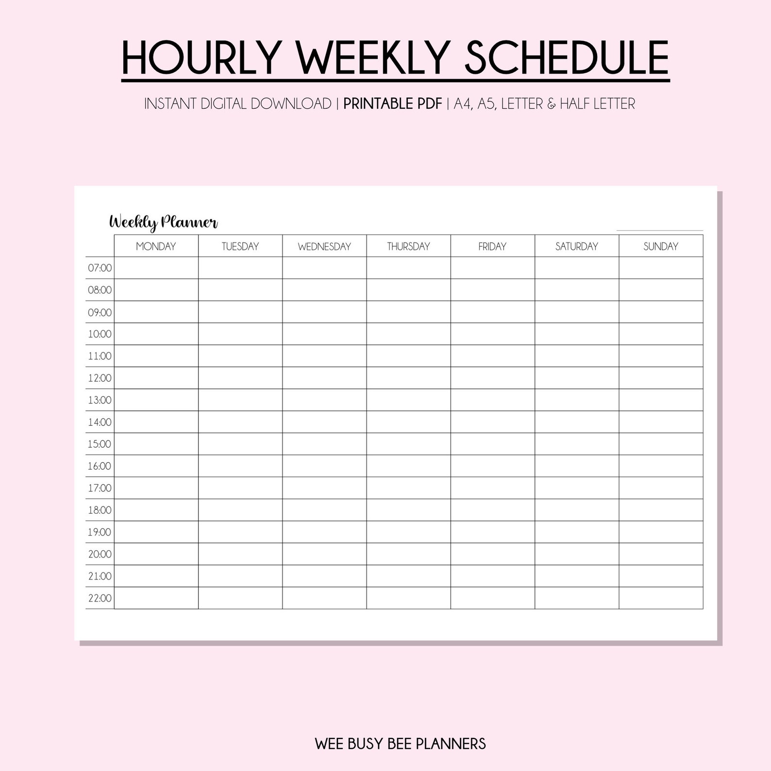 Hourly Weekly Schedule, Printable Planner, Landscape Weekly Planner ...