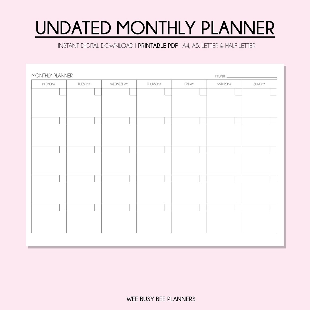Undated Monthly Planner Printable, Undated Monthly Calendar, Monthly ...