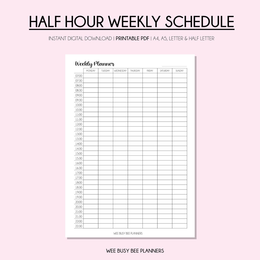 Half Hour Weekly Schedule, Printable Planner, Weekly Planner Inserts ...