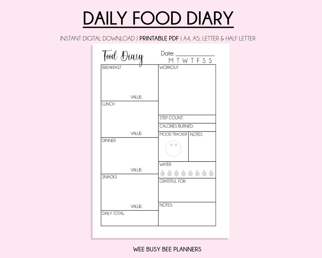 Printable Food Diary Inserts, Digital Daily Food Journal, Daily Calorie ...