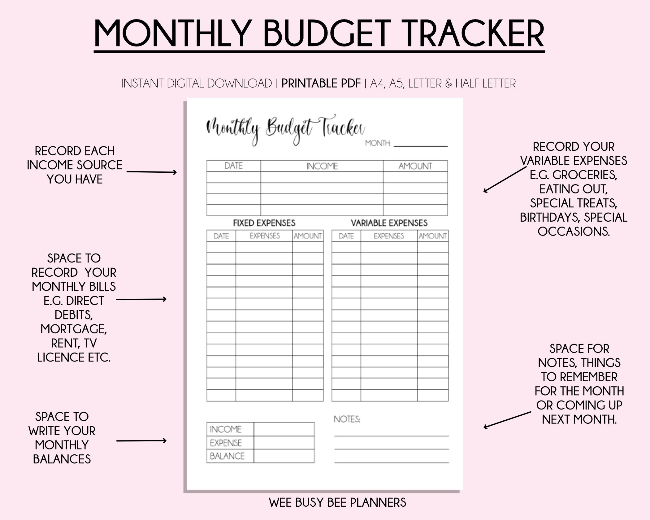 PRINTABLE Monthly Budget Planner, Budget Tracker Template, Income and ...