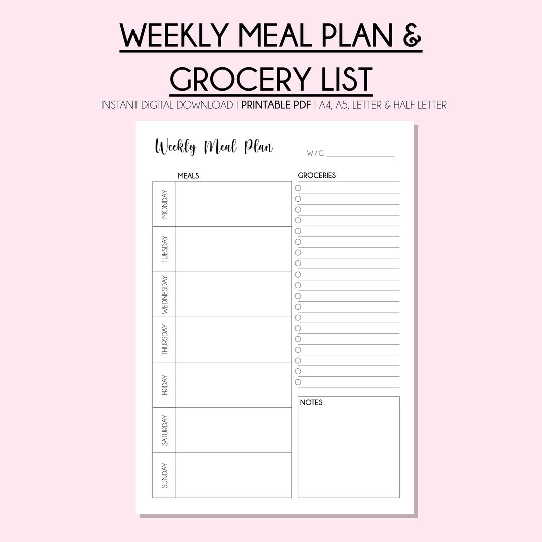 Weekly Meal Planner and Grocery List Printable Template Meal Prep ...