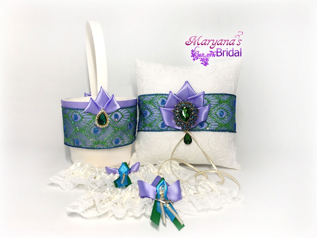 Peacock Aladdin Wedding Ring Pillow, Flower Girl Basket & Garters Set ...