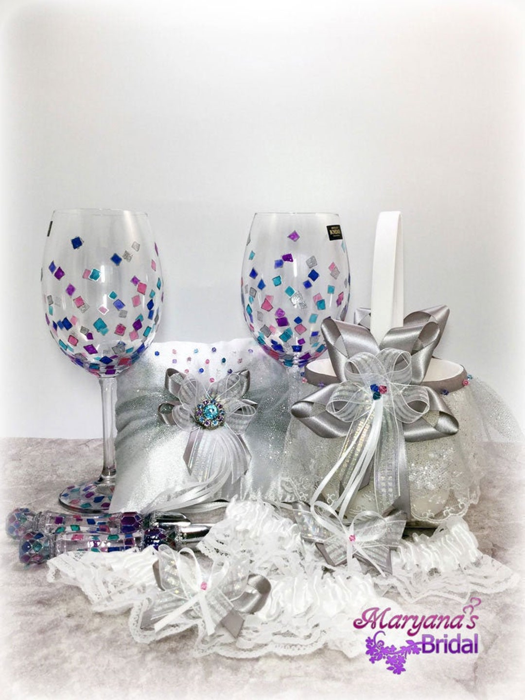 Silver Purple Blue Toasting Glasses Cake Server Knife*confetti Pixels ...