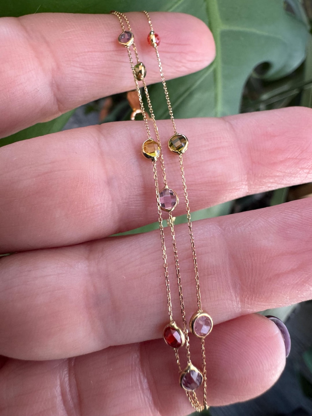 14k Gold Gemstone Station Multi Strand Bracelet/ 14k Gold Gemstone ...