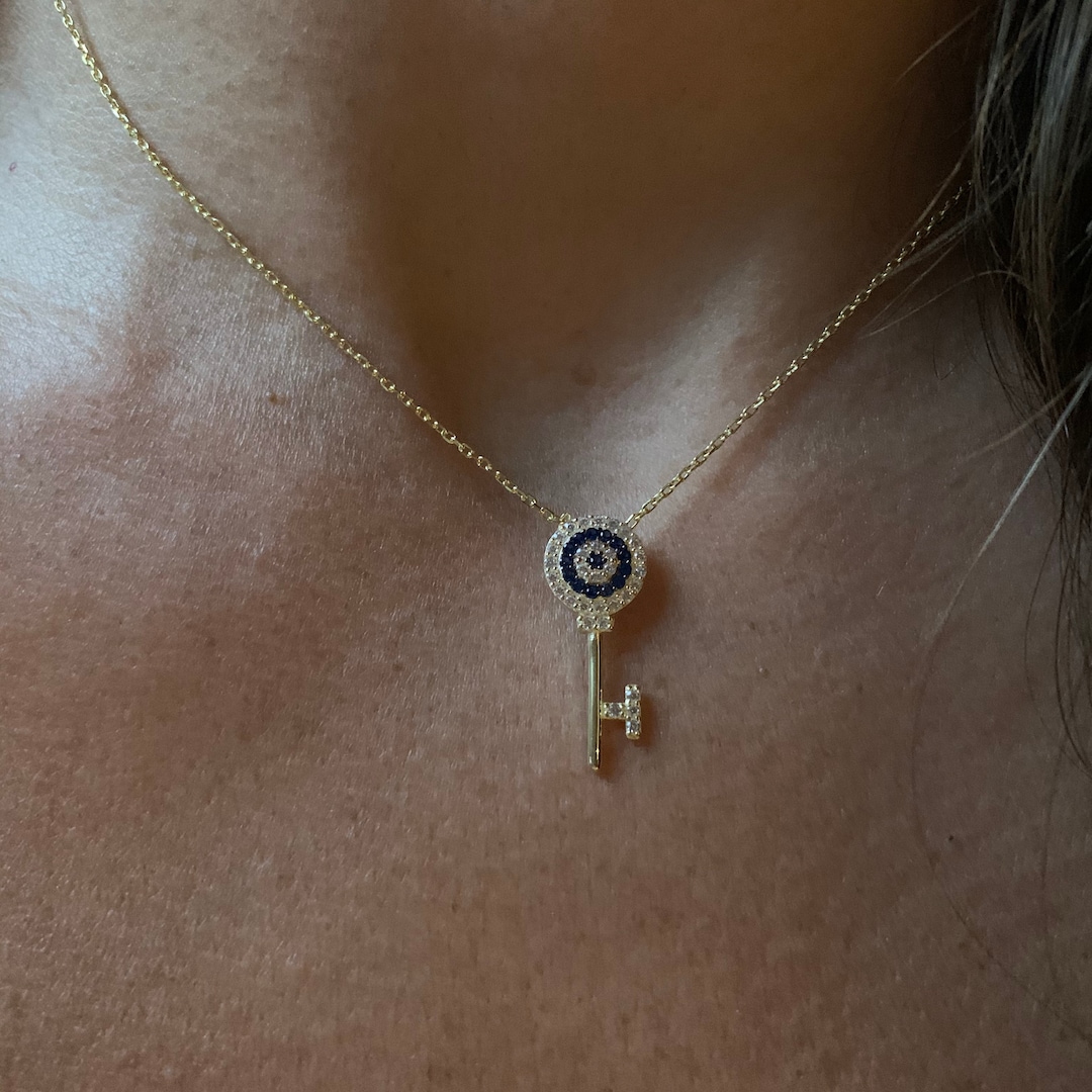 Evil Eye Key Necklace Gold Evil Eye Key Necklace Key to My Heart Necklace Blue Evil Eye Pendant Protection Necklace Etsy UK