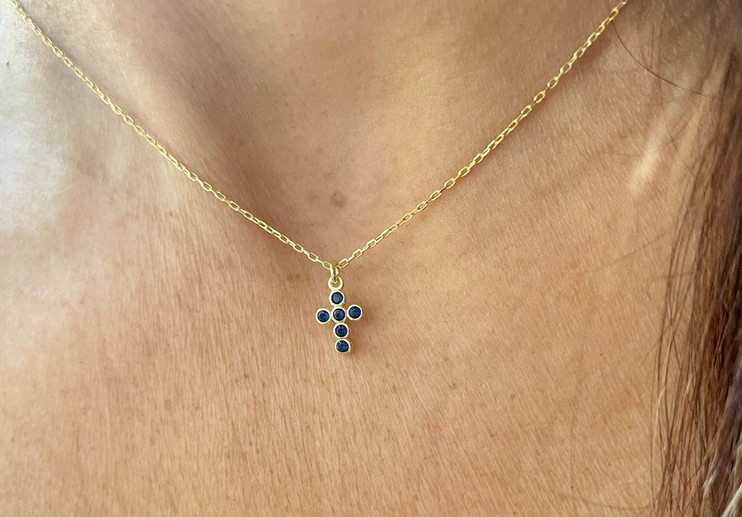Sapphire Cross Necklace / Tiny Cross Necklace / Mini Cross Necklace ...