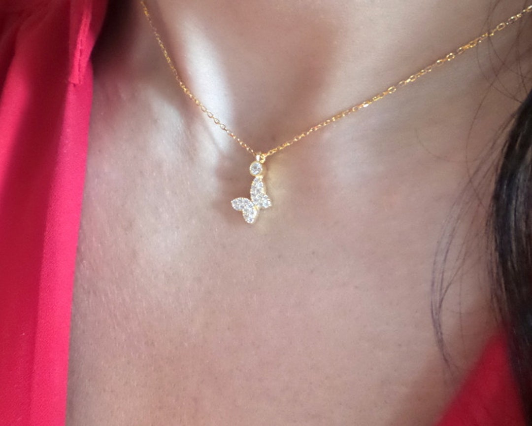 Cubic Zirconia Butterfly Necklace: Yellow Gold Plated Sterling Silver ...