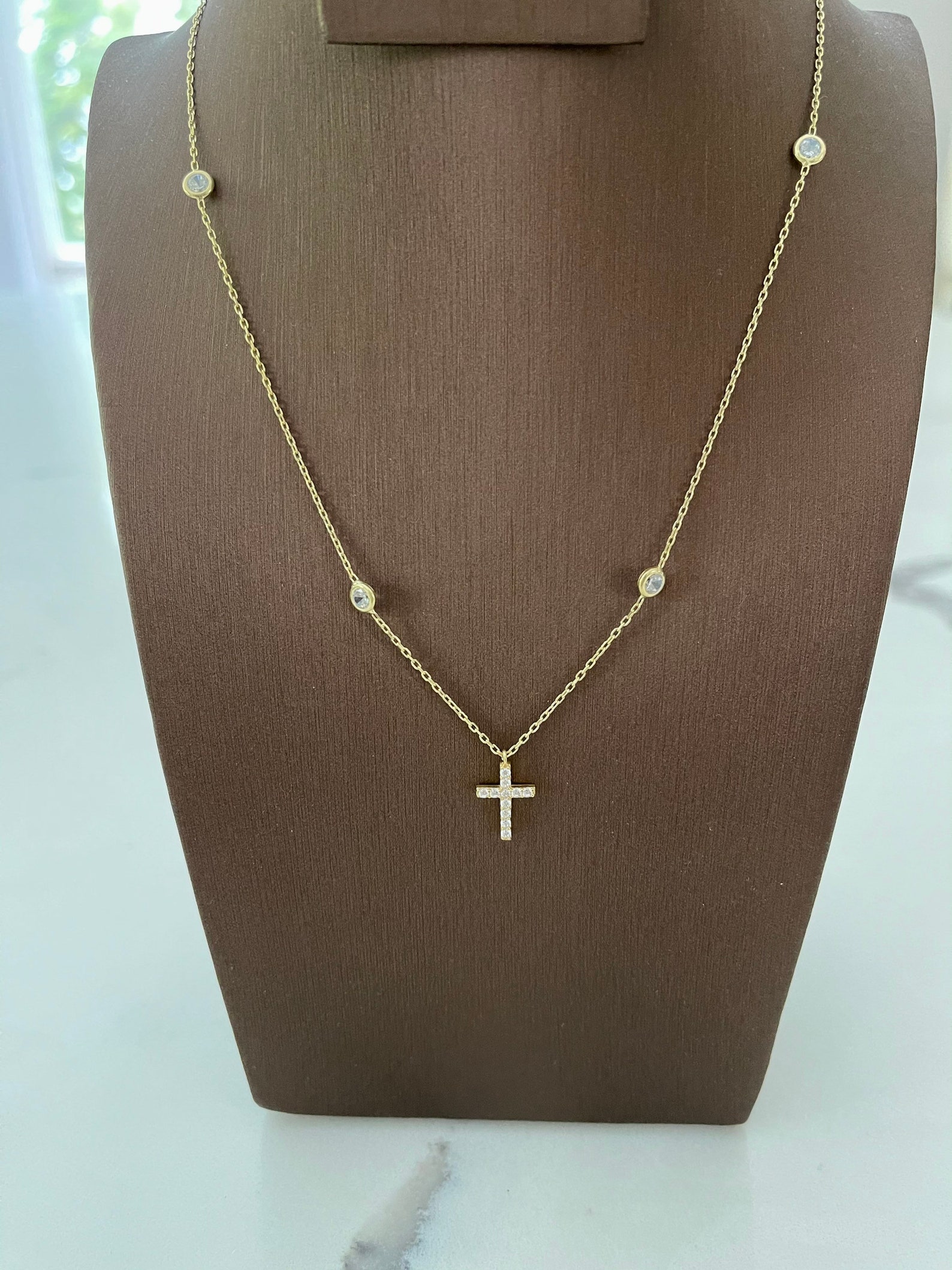 Cross Station Necklace / Diamond Cz Station Cross Necklace / Cross ...