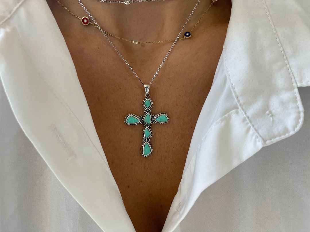 Turquoise Cross Pendant / Silver Large Turquoise Cross - Etsy