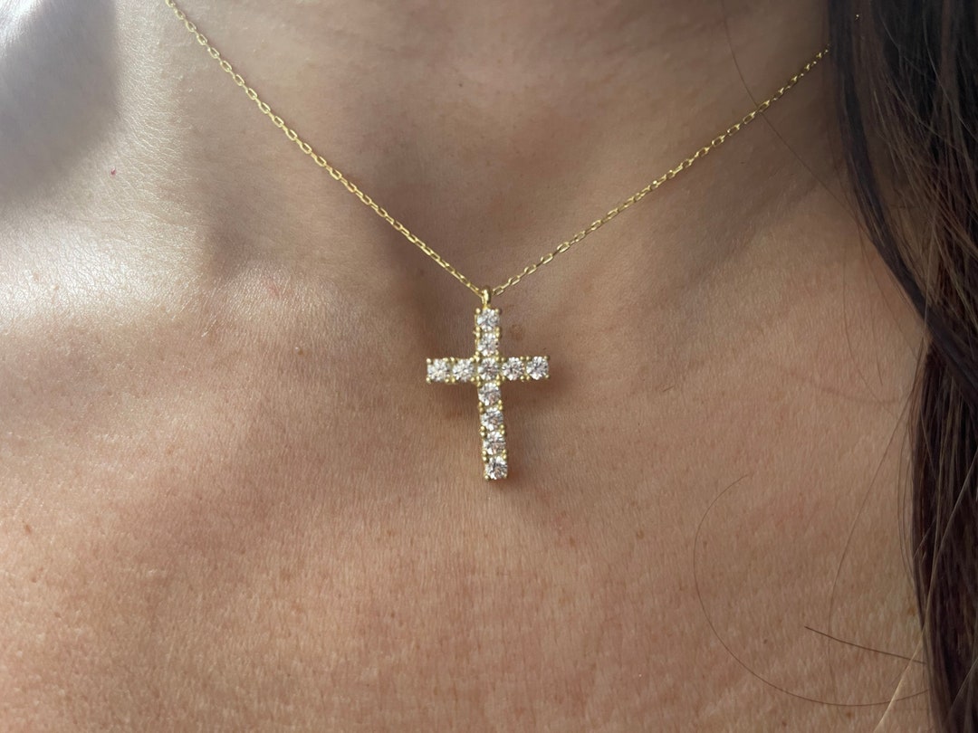 Diamond Cz Cross Necklace / Large Cross Necklace / Gold Diamond Cz ...