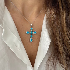 Sterling Silver Turquoise Cross Pendant Necklace - Etsy