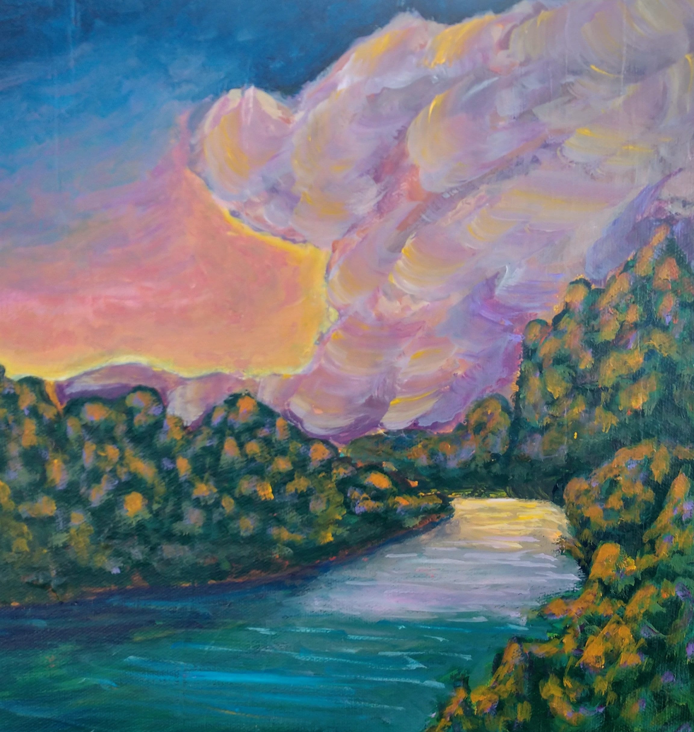 Flowing River Art Print, Oncoming Storm Over Forest, Bright and ...