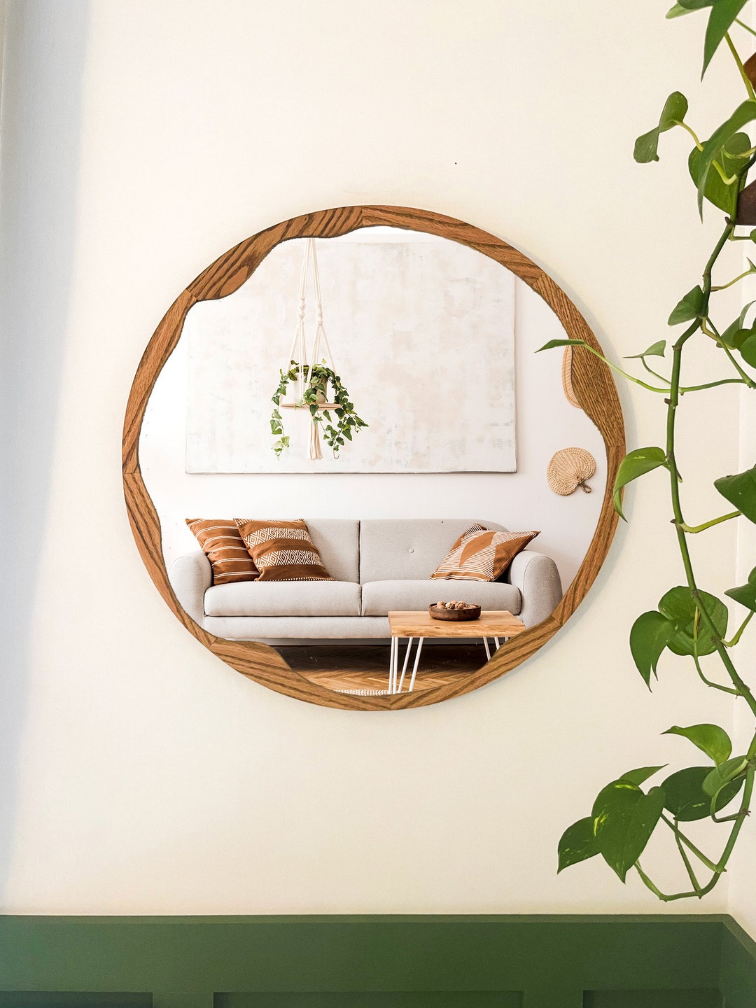 Large Circular Wooden Frame Mirror, Handcrafted Wall Decor Asymmetric ...