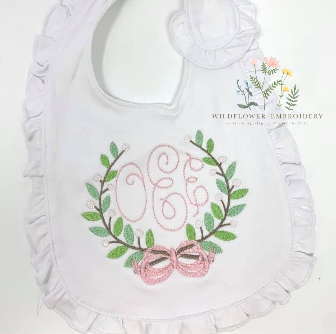 Floral Rosebud Monogram Embroidered Design, Girly Bib for Baby - Etsy