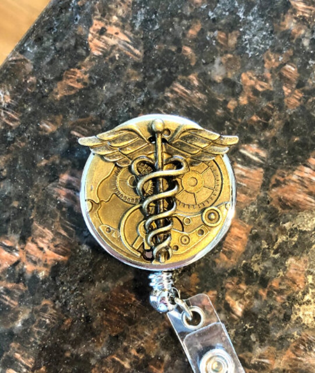 Caduceus Steampunk Badge Reel Male Heavy Duty Steel Retractable Lanyard ...