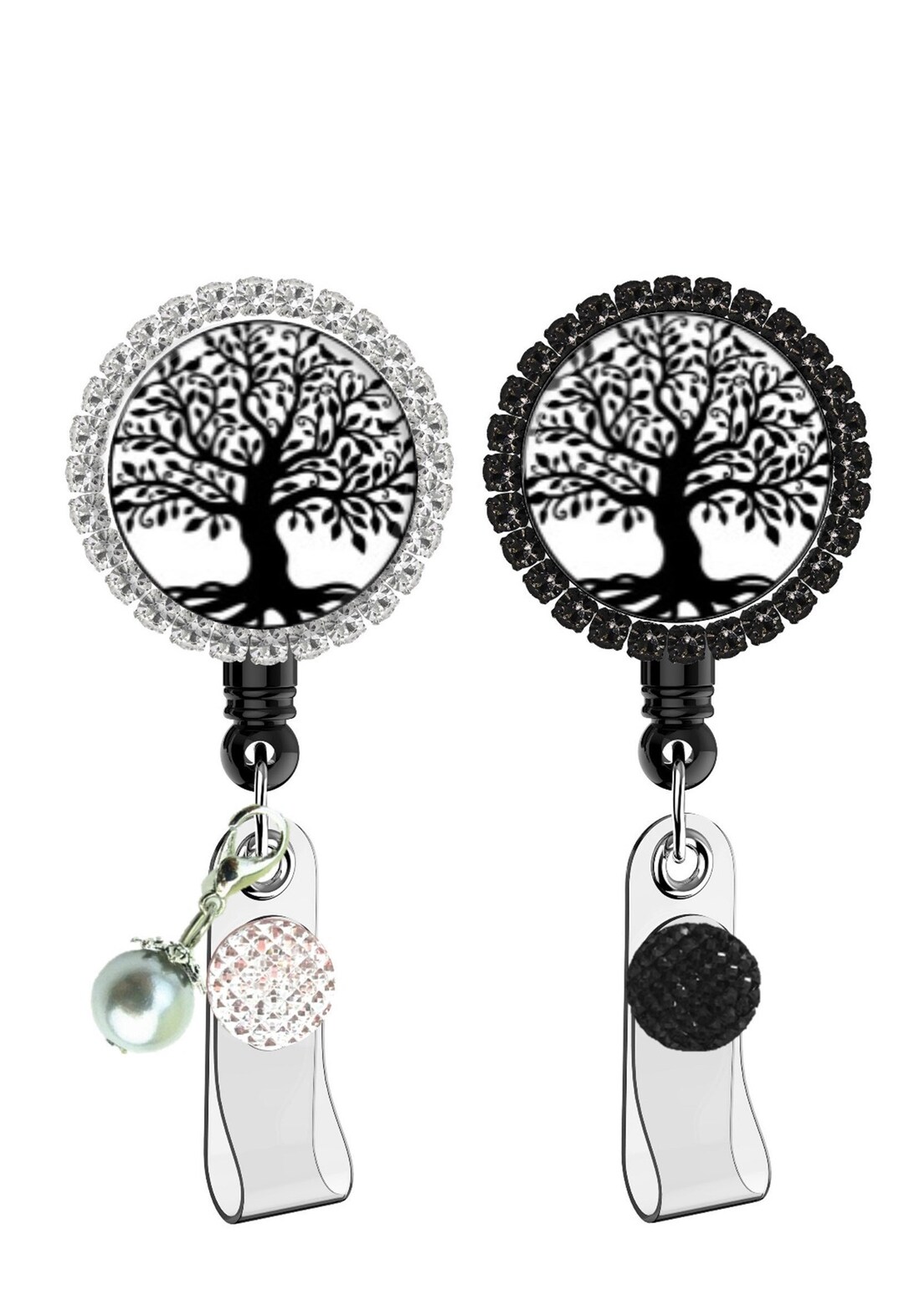 Tree of Life Badge Reel, Black Rhinestone Lanyard, Stethoscope Id Tag ...