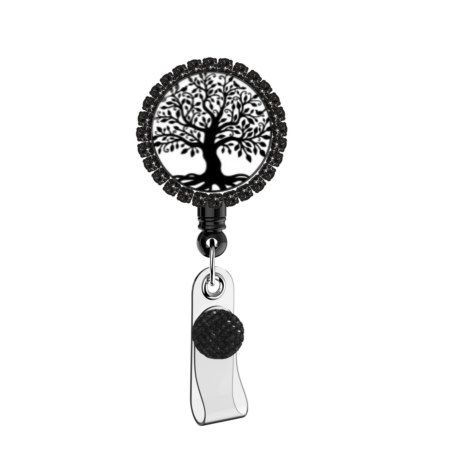 Tree of Life Badge Reel, Black Rhinestone Lanyard, Stethoscope Id Tag ...