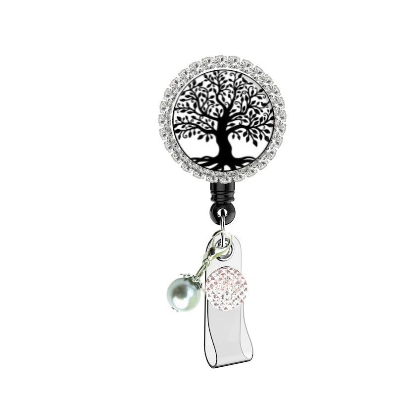 Tree of Life Badge Reel, Black Rhinestone Lanyard, Stethoscope Id Tag ...