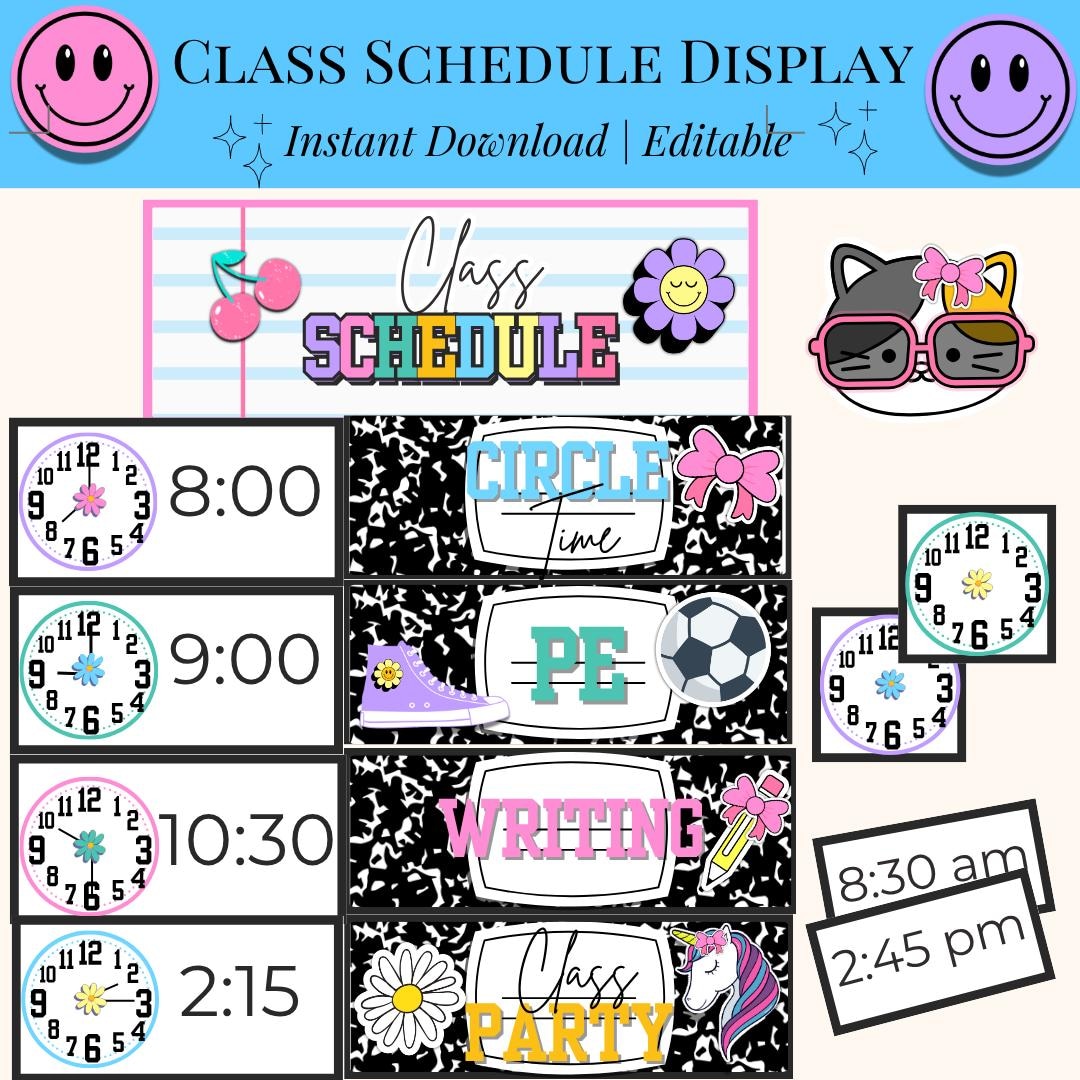 Classroom Schedule Cards Editable Class Schedule Template Composition ...