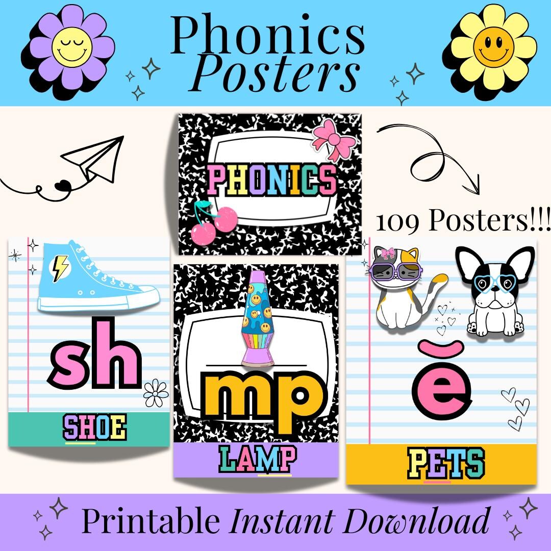 Phonics Classroom Poster Set: Digraphs, Blends, Vowel Teams (digital ...