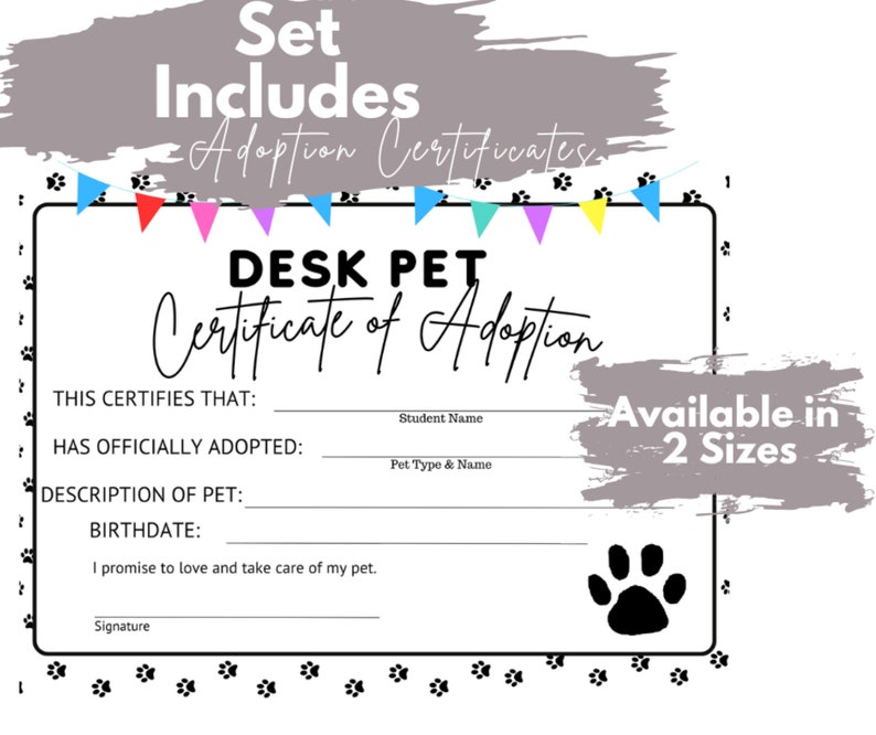 Desk Pet Adoption Certificate and Printable Set for Classroom | Instant ...