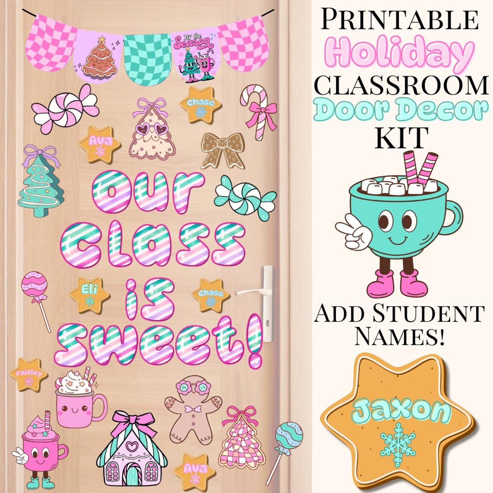 Christmas Classroom Door Decor Kit Cute Colorful Gingerbread Classroom ...