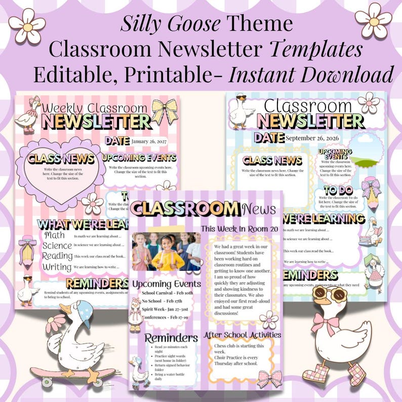 Classroom Newsletter Template Silly Goose Theme Editable Classroom ...