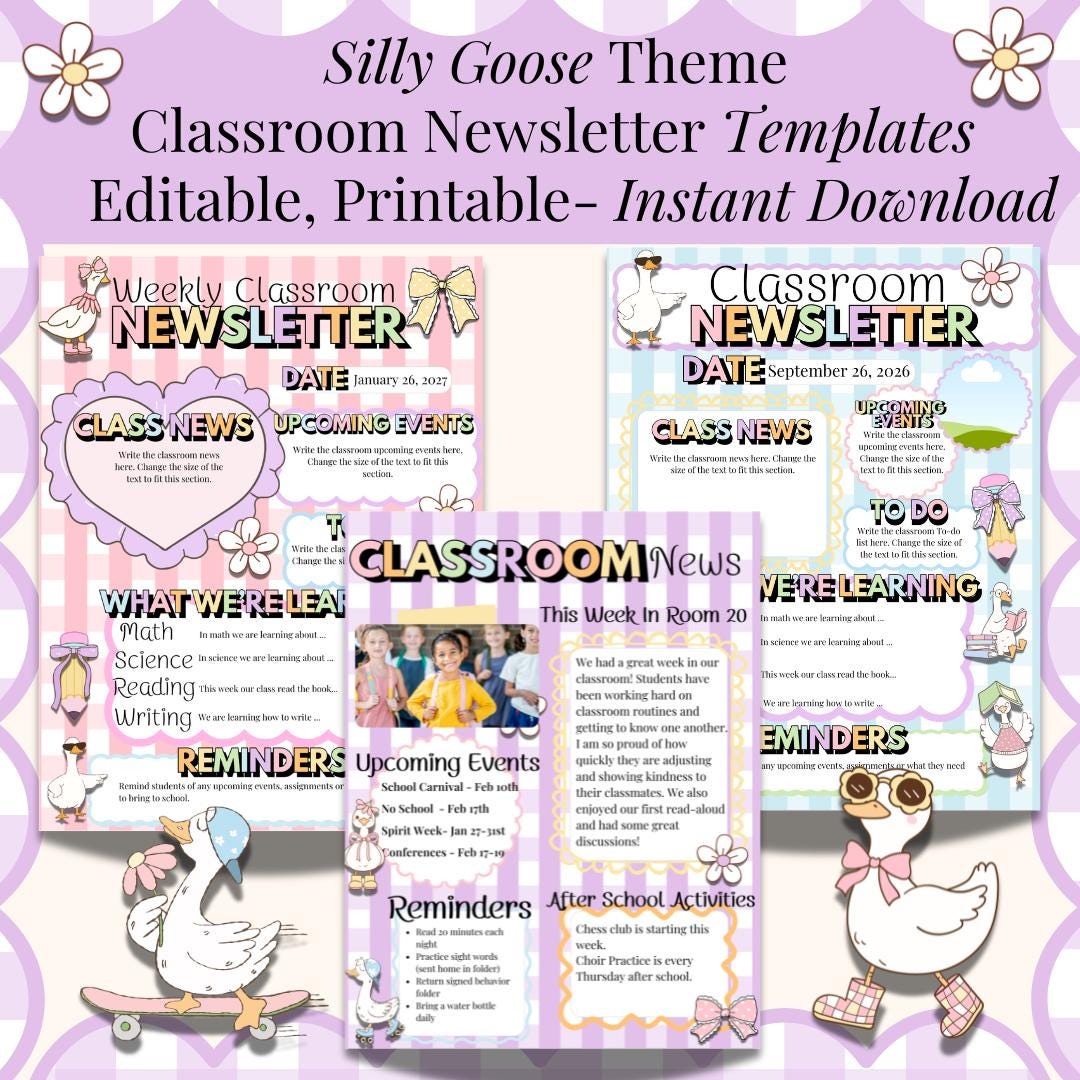 Classroom Newsletter Template Silly Goose Theme Editable Classroom ...