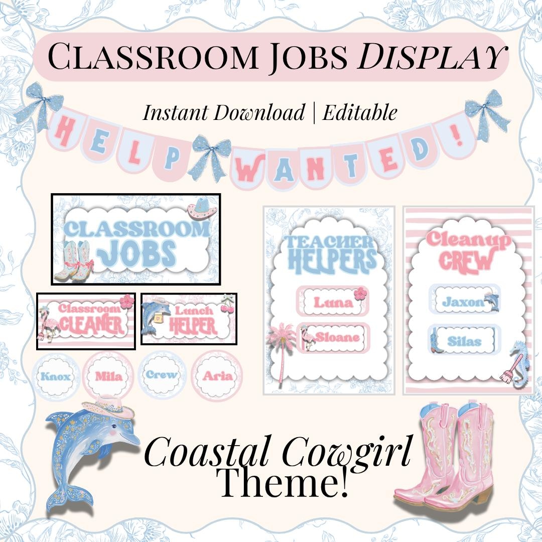 Classroom Job Chart Editable Printable Coastal Cowgirl Theme Classroom ...