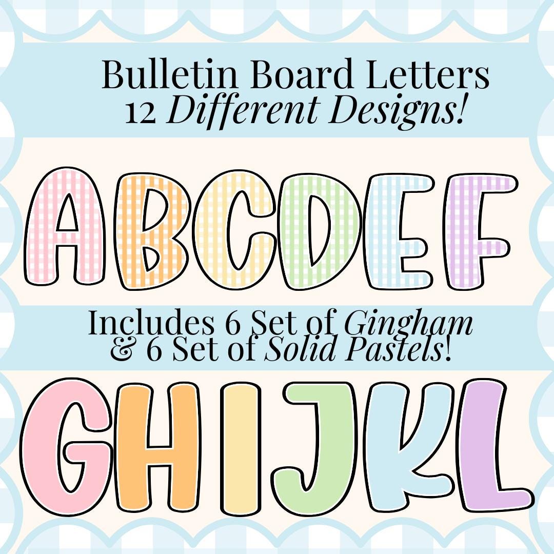 Pastel Gingham Bulletin Board Letters Printable Set A-Z, 0-9, Symbols ...
