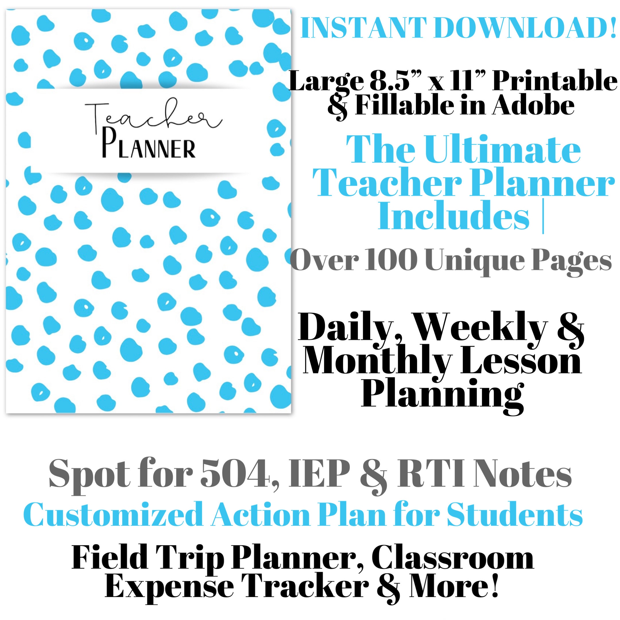 Teacher Planner | PRINTABLE SET | Undated | Large 8.5" X 11" Instant ...