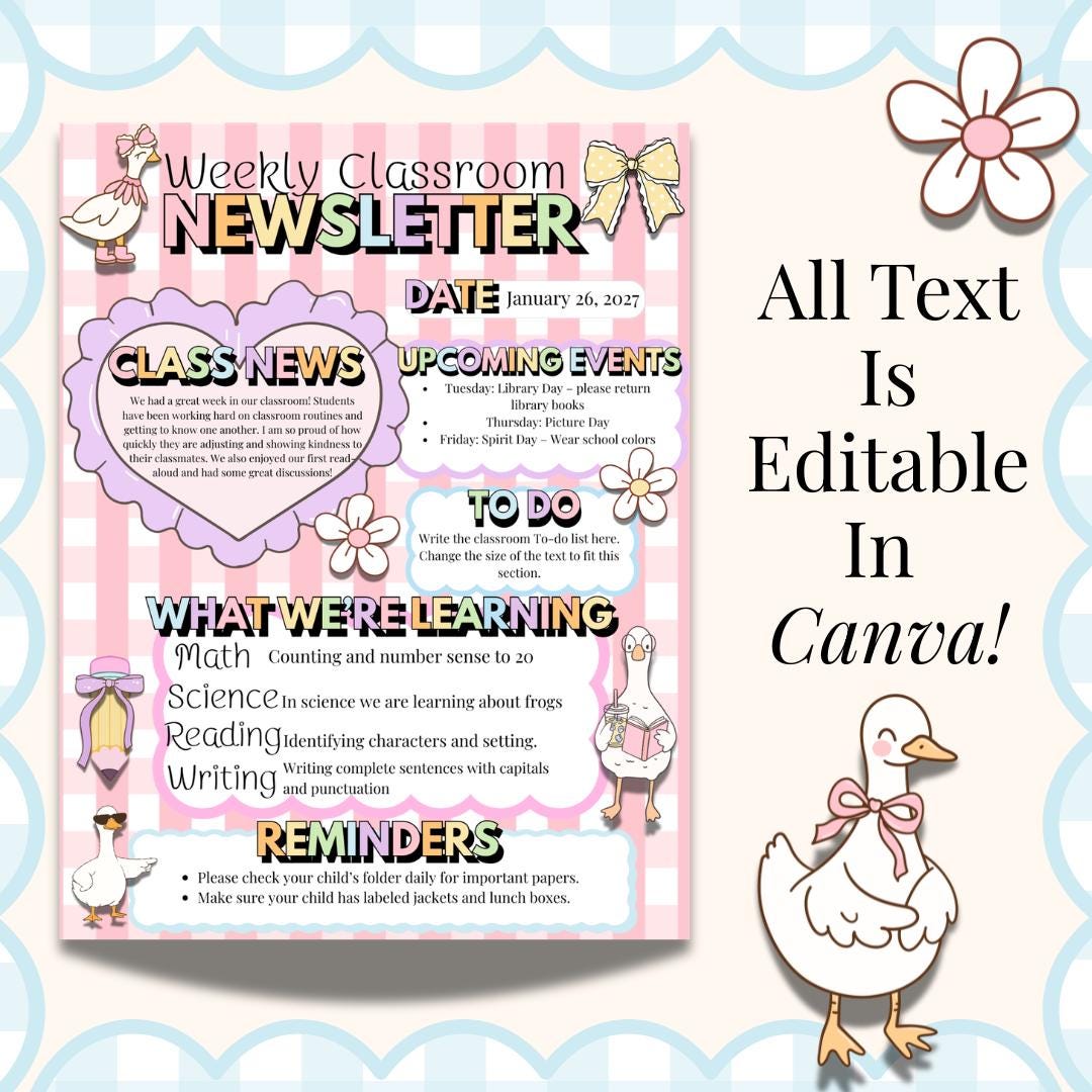 Classroom Newsletter Template Silly Goose Theme Editable Classroom ...