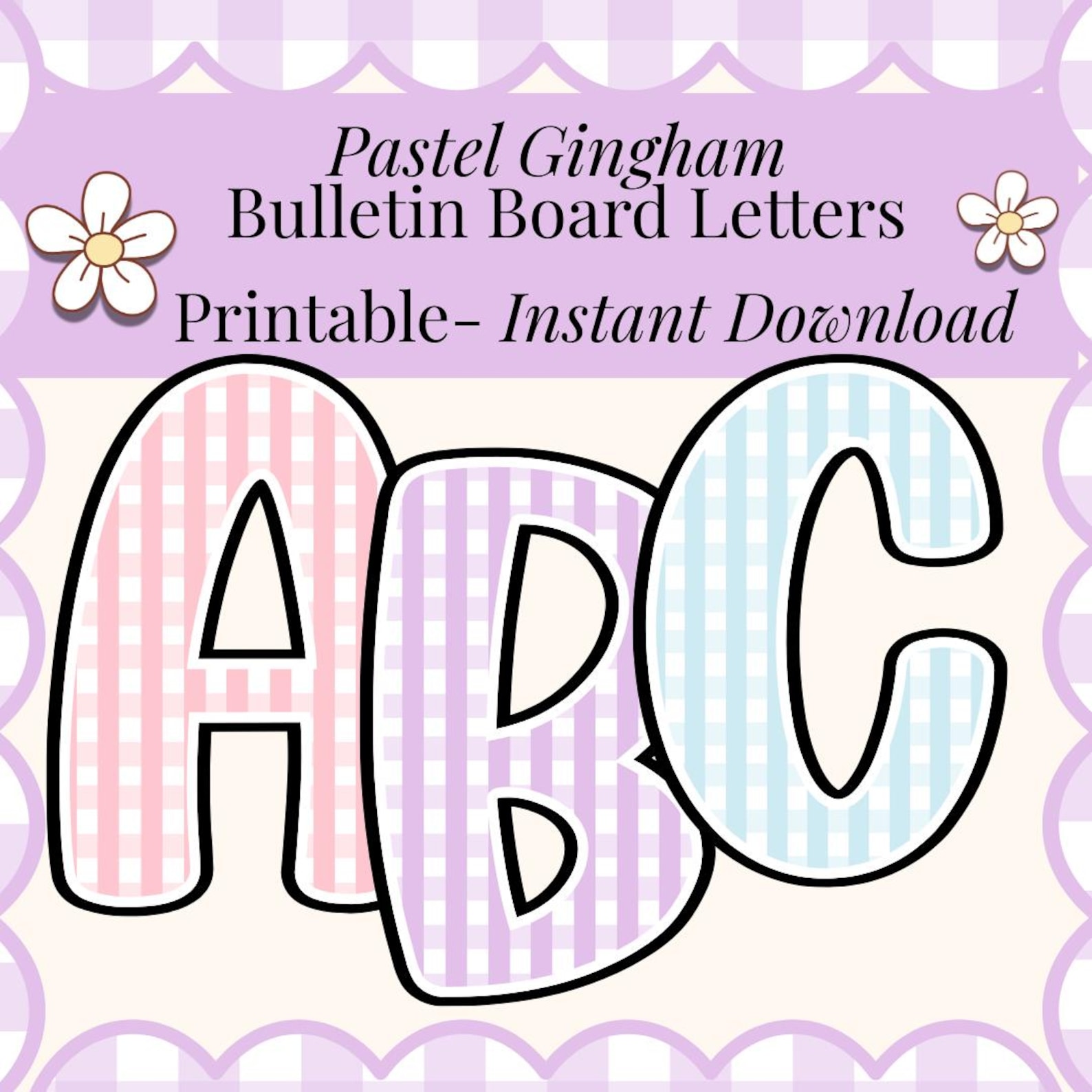 Pastel Gingham Bulletin Board Letters Printable Set A-Z, 0-9, Symbols ...